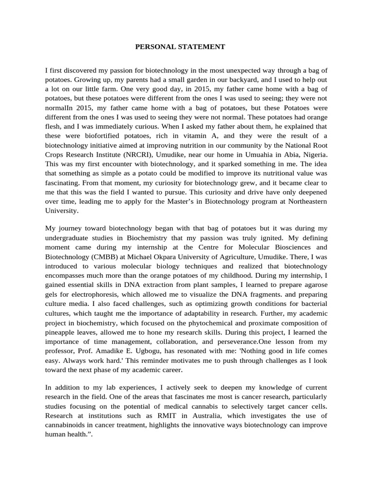 Personal Statement Draft | PDF | Biotechnology | Agarose Gel Electrophoresis