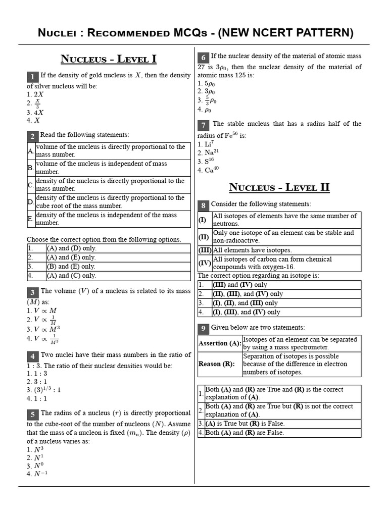 Nuclei _ Recommended MCQs - (NEW NCERT PATTERN) | PDF | Atomic Nucleus | Neutron