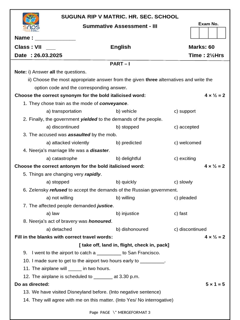 Class VII English Summative Assessment | PDF | Verb | Linguistics