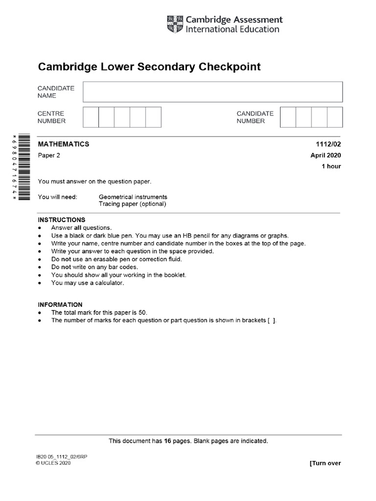 Cambridge Secondary Checkpoint - Mathematics (1112) April 2020 Paper 2 ...