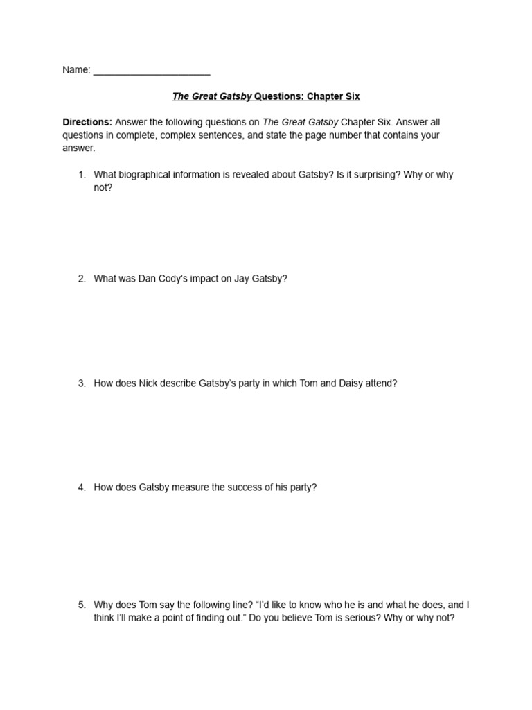 The Great Gatsby CH 6 Questions | PDF