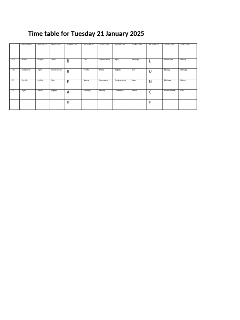 Time Table For Tuesday 21 January 2025 Rowland Academy-WPS Office | PDF