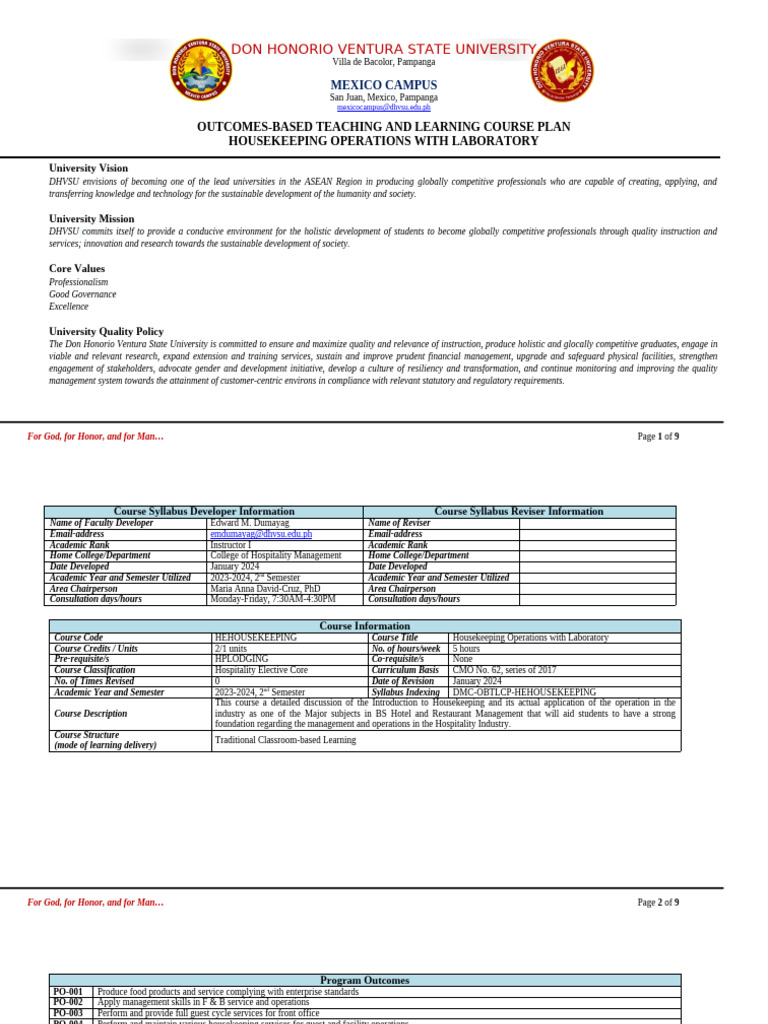 Housekeeping Operations Course Plan | PDF | Educational Technology ...