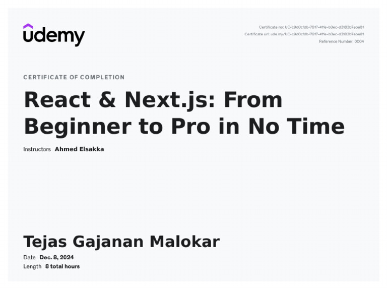 React Js Certificate (Tejas Malokar) | PDF