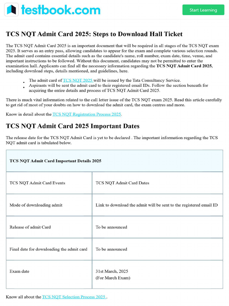 TCS NQT Admit Card 2025 - Steps To Download Hall Ticket | PDF