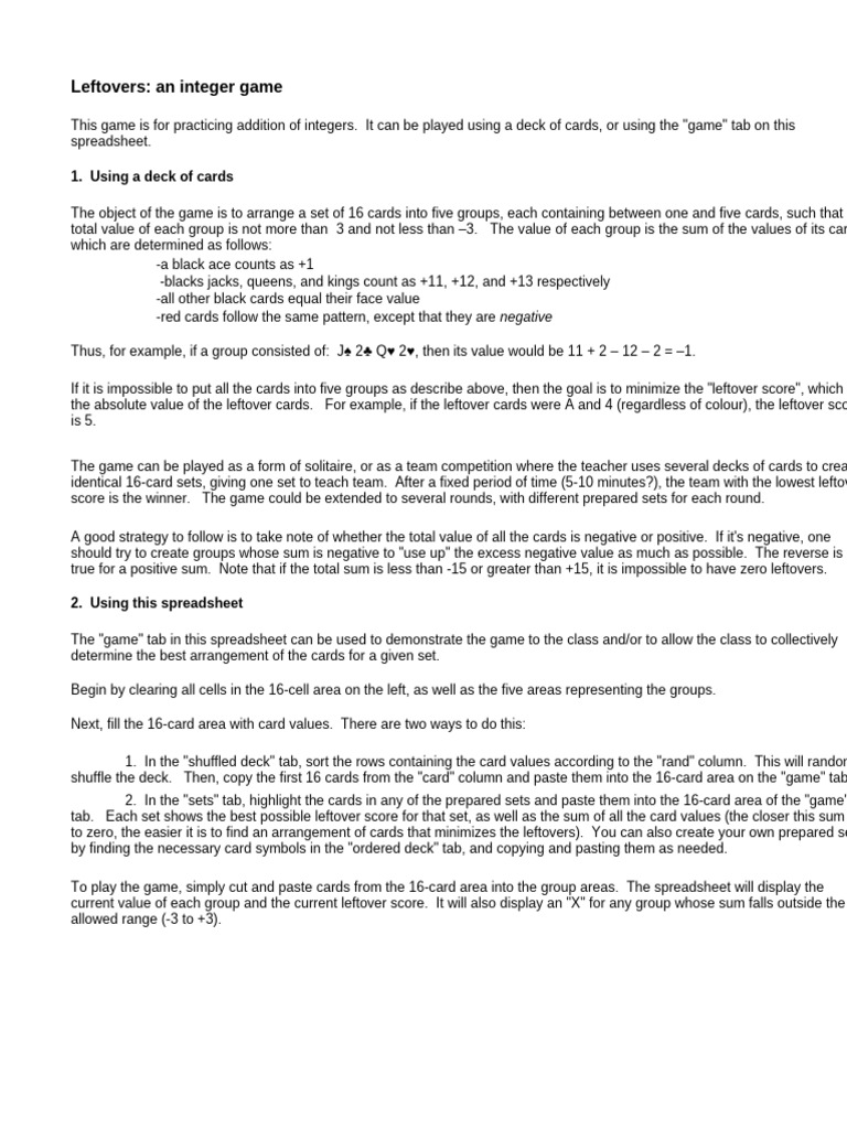 Leftovers (an Integer Game) | PDF | Spreadsheet | Mathematics