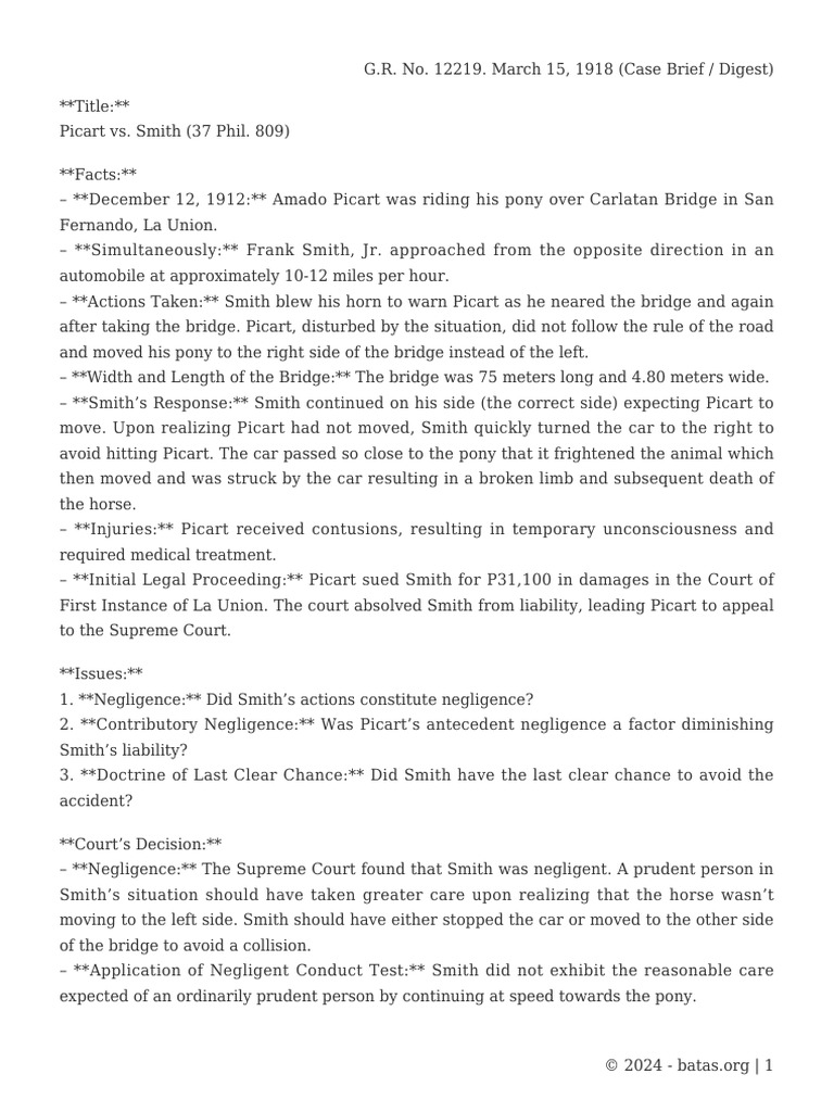 Picart vs. Smith: Negligence Case Summary | PDF | Negligence ...