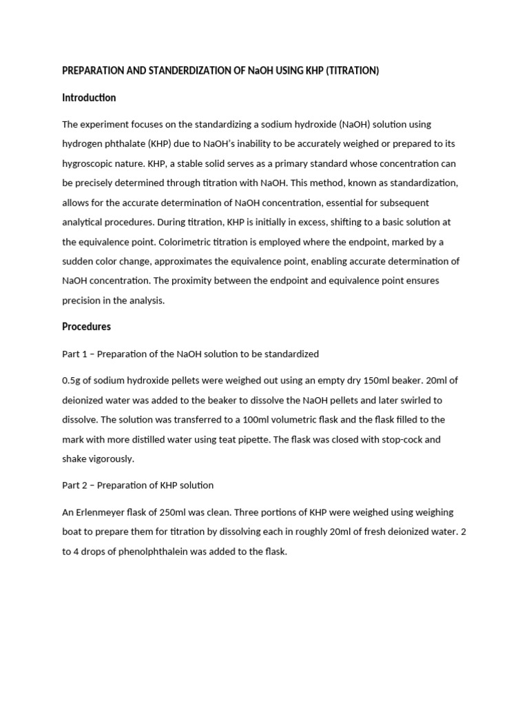 PREPARATION AND STANDERDIZATION OF NaOH USING KHP Lab Report - 084256 | PDF | Titration | Chemistry