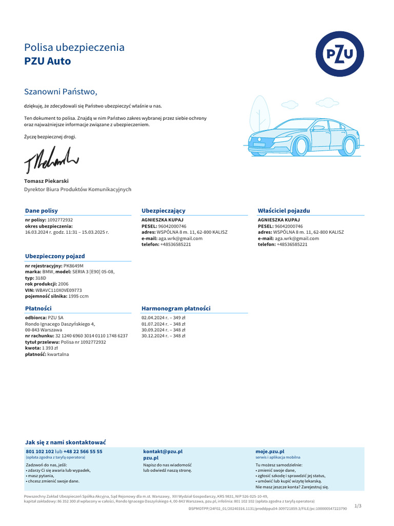 Polisa Ubezpieczenia PZU Auto: Szanowni Państwo | PDF