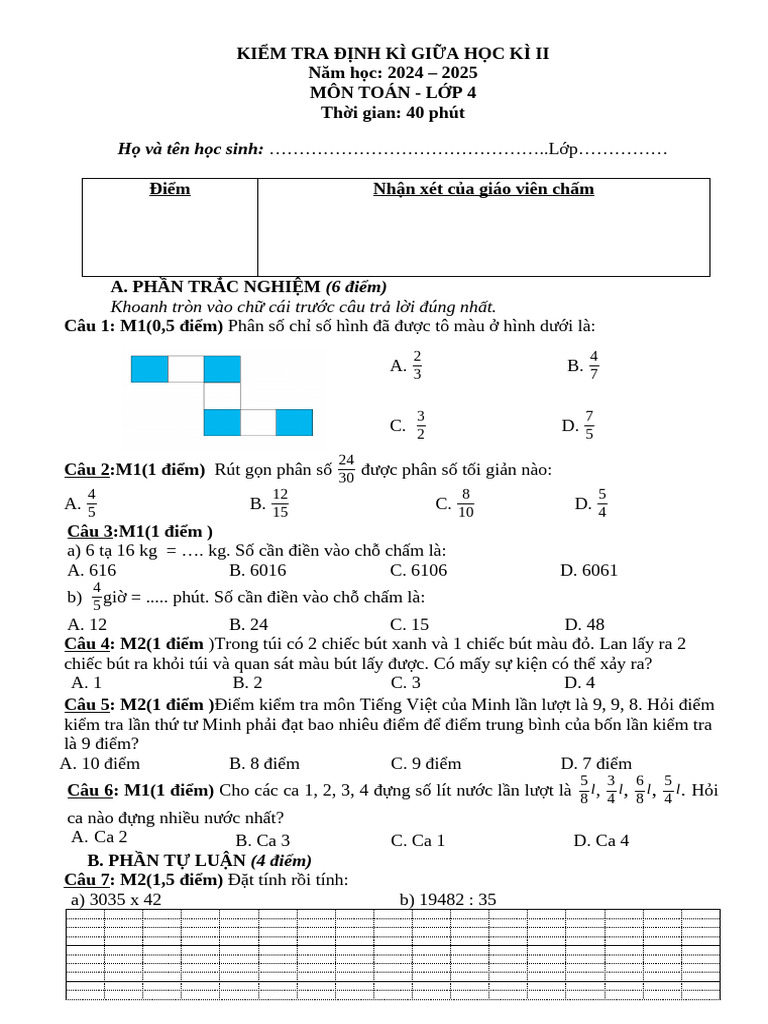 ĐỀ E. Toán 4 GK2 | PDF