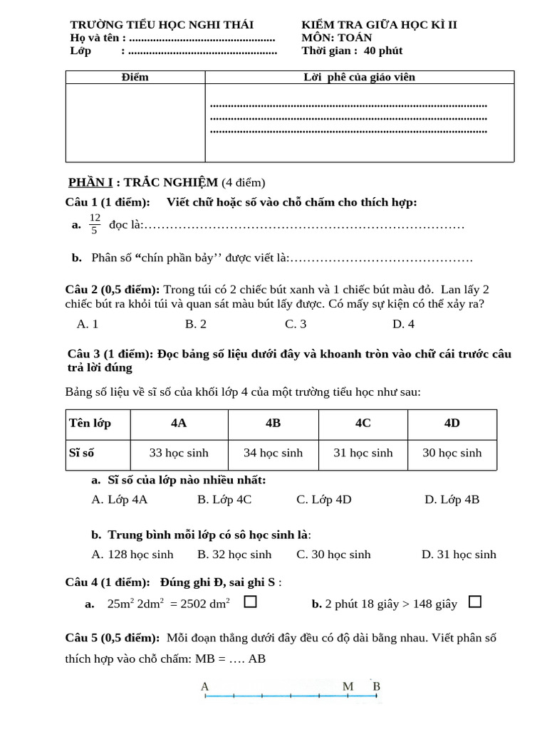 ĐỀ C. Toán 4 GK2 | PDF