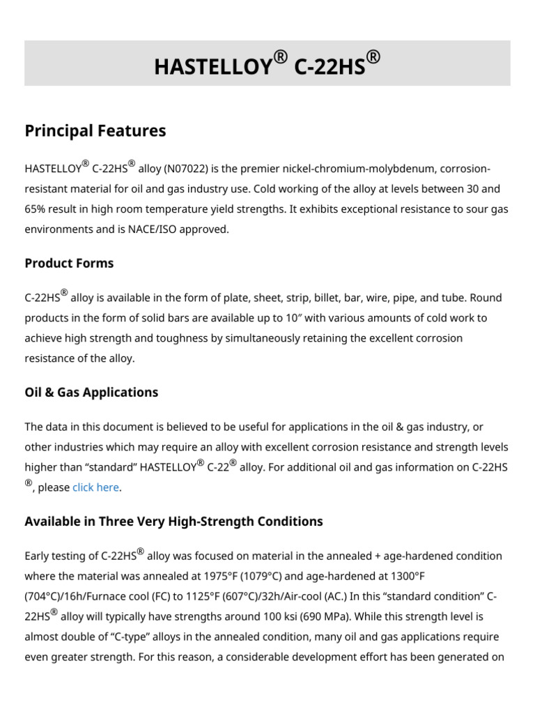 HASTELLOY C-22HS Alloy Overview | PDF | Strength Of Materials ...