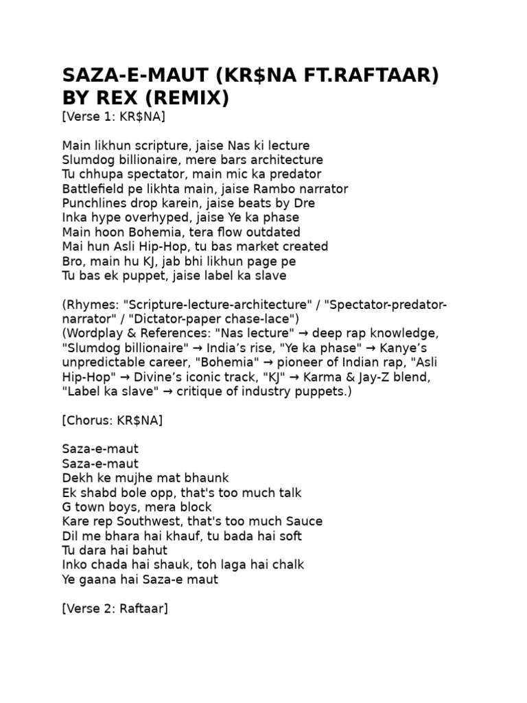 Saza-E-Maut (Kr$Na FT - Raftaar) by Rex (Remix) | PDF | African ...