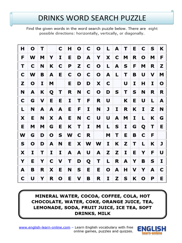 Drinks Vocabulary Word Search Puzzle Worksheet | PDF