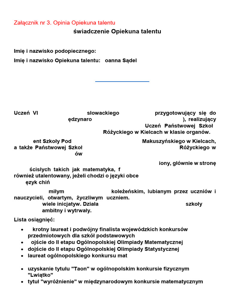 Oswiadczenie Opiekuna Talentu Zal. 3 | PDF