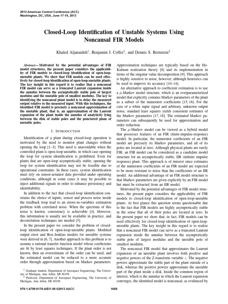 (Alj13) Closed-Loop Identification of Unstable Systems Using Noncausal FIR Models | PDF ...