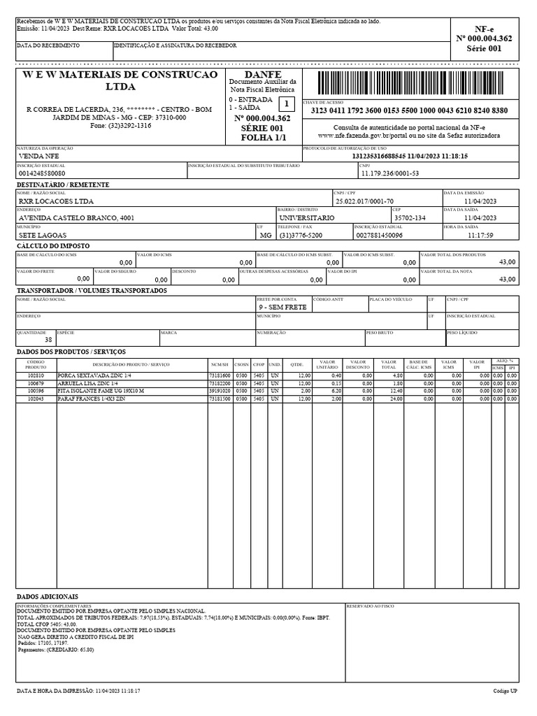 31230411179236000153550010000043621082408380-nfe | PDF | Recibo | Business