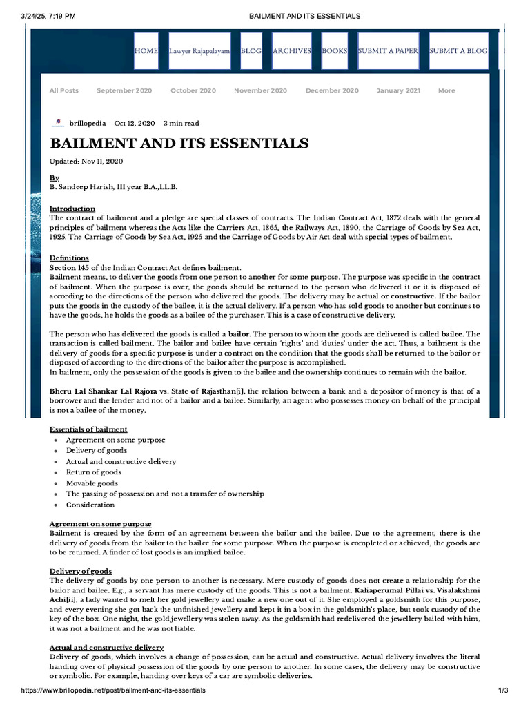 BAILMENT AND ITS ESSENTIALS | PDF