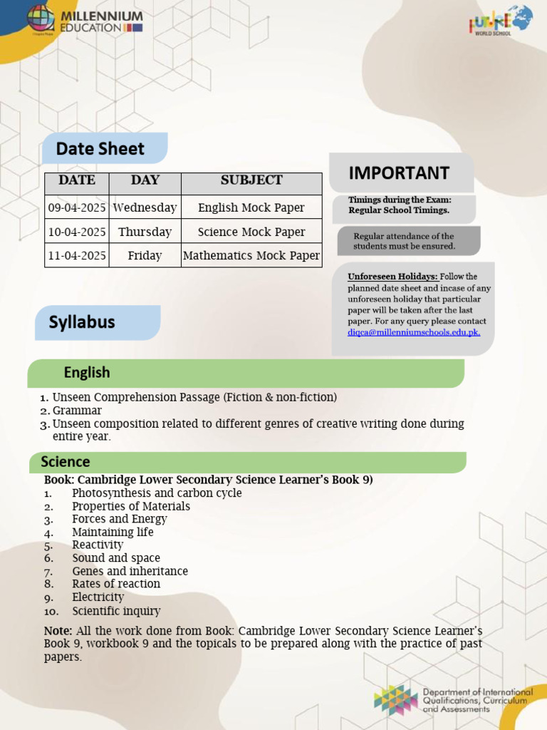 Grade 8 Date Sheet and Syllabus Mock 2 2025 (Check Point Registered ...