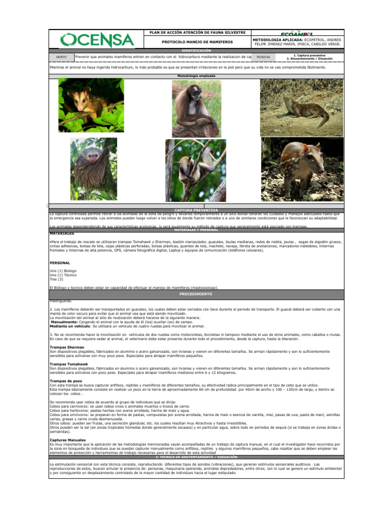 Prot Manejo Mamiferos | PDF | Mamíferos | Estrés (biología)