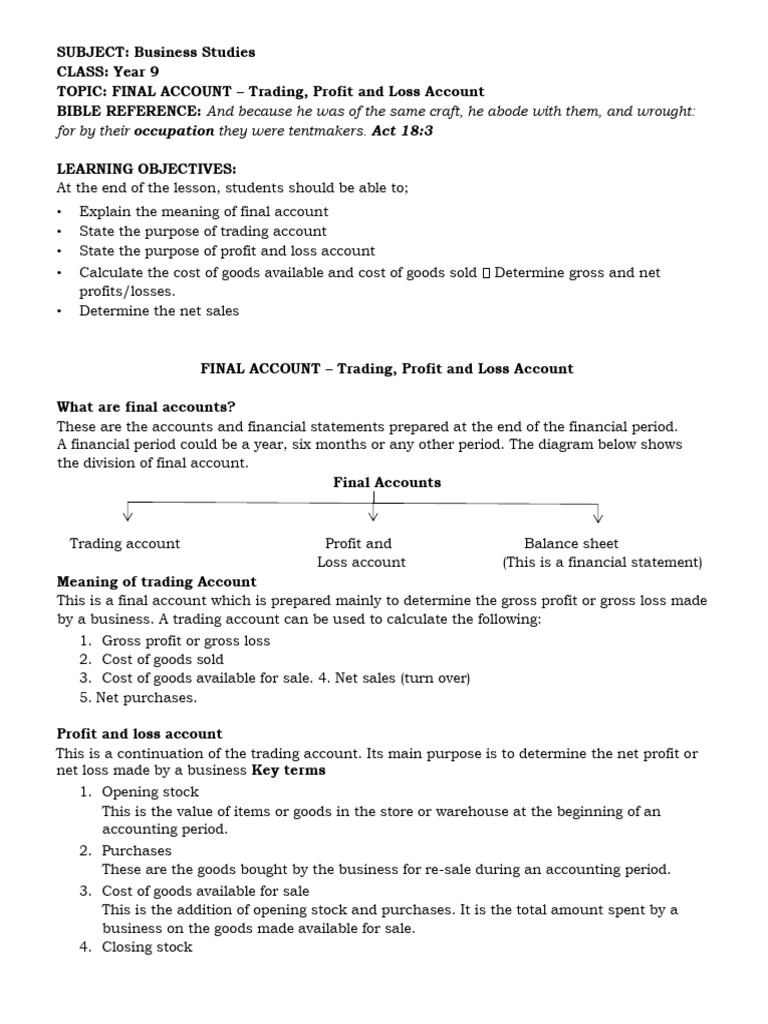Trading Profit and Loss Account Guide | PDF | Cost Of Goods Sold ...