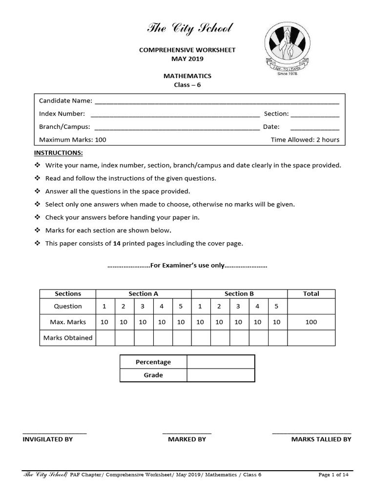 Math Comprehensive Worksheet Class 6 2019 Paper | PDF | Ratio | Area