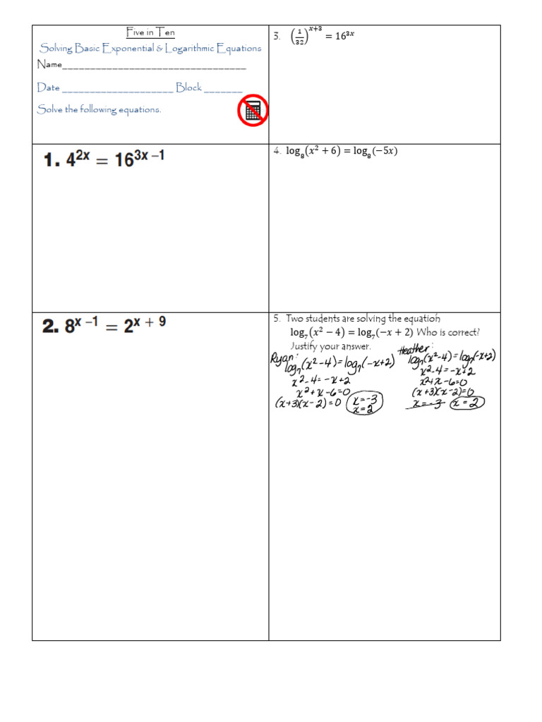 DAY 39 FIVE in TEN Solving Basic Exp Log Equations | PDF