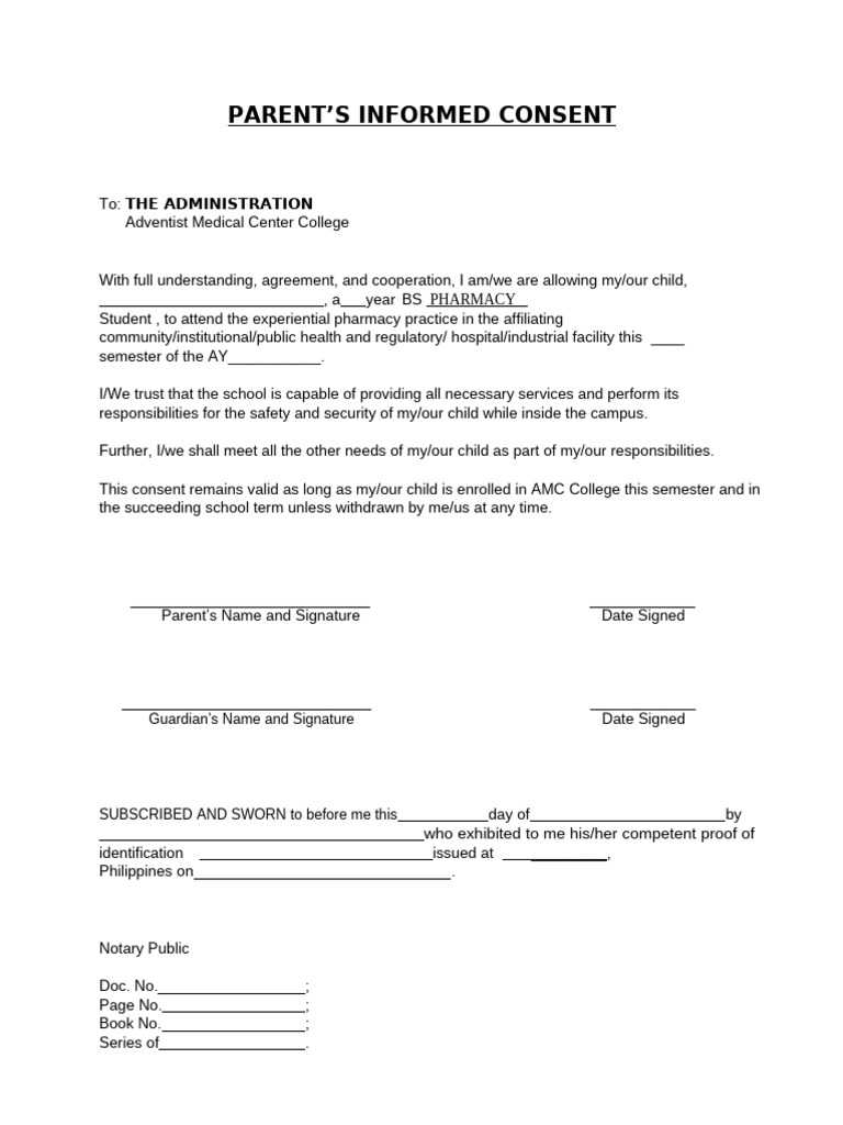 Parent's Consent for Pharmacy Practice | PDF