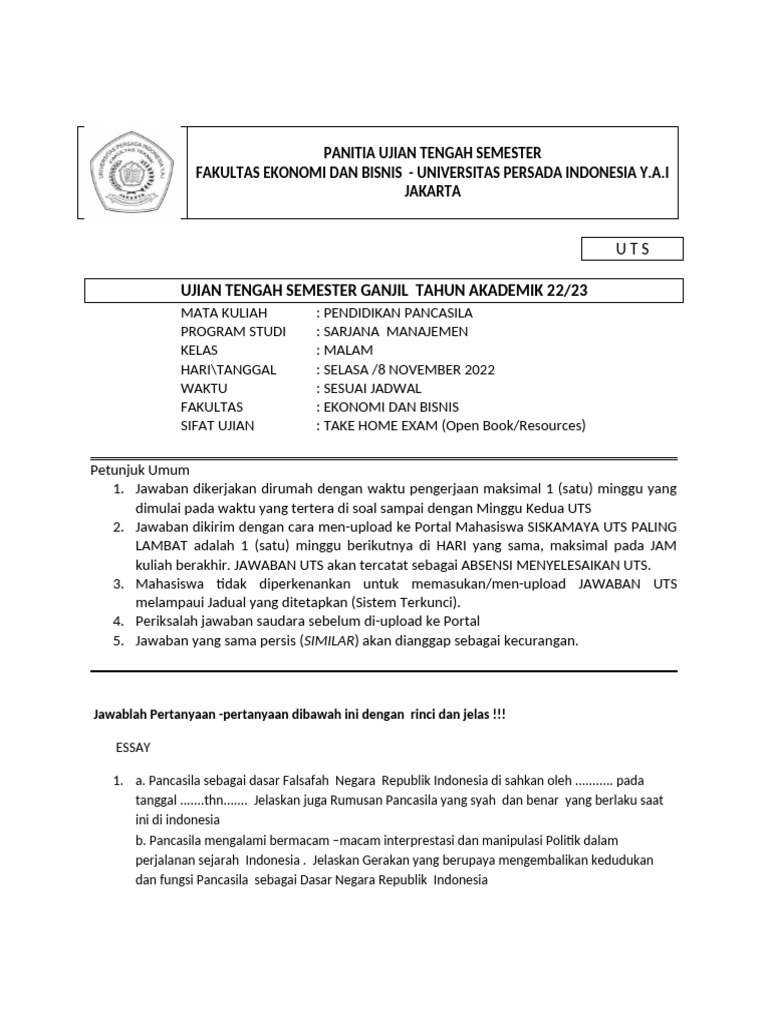 Soal_2_soal Uts Pancasila Feb Ganjil 2223 | PDF