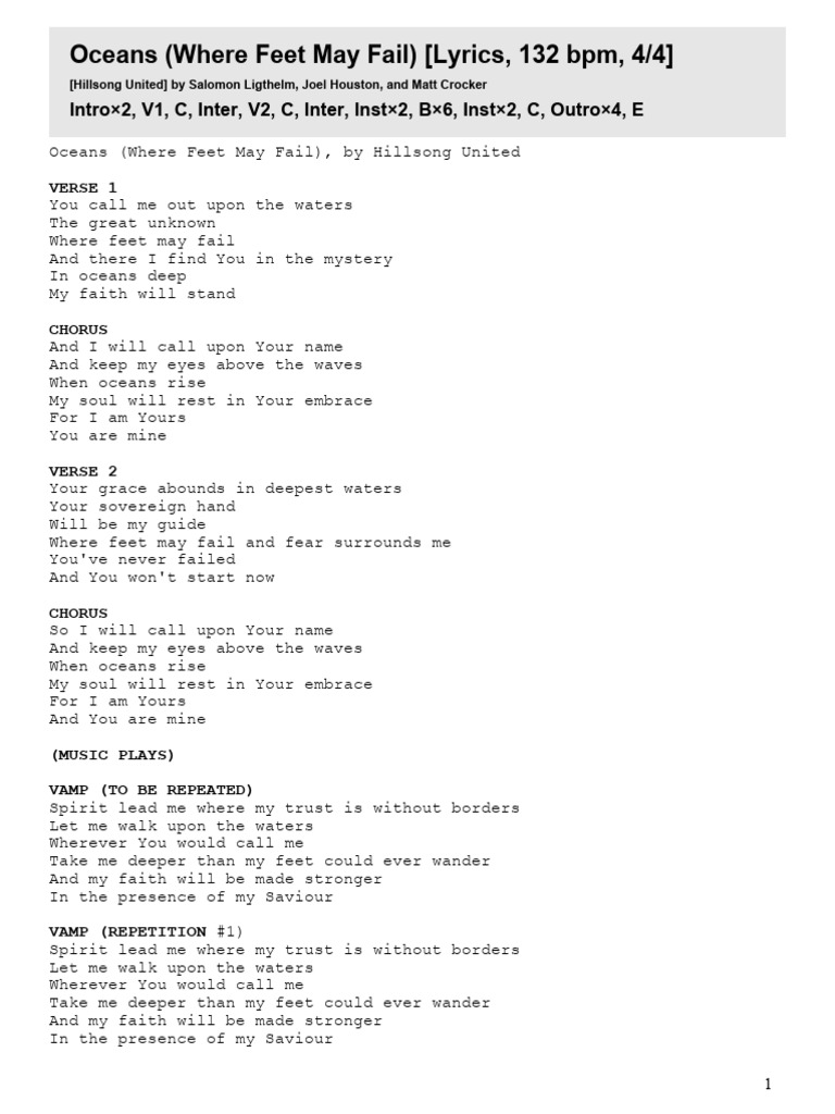 Oceans (Where Feet May Fail) - Lyrics | PDF | Christian Belief And Doctrine | Theology