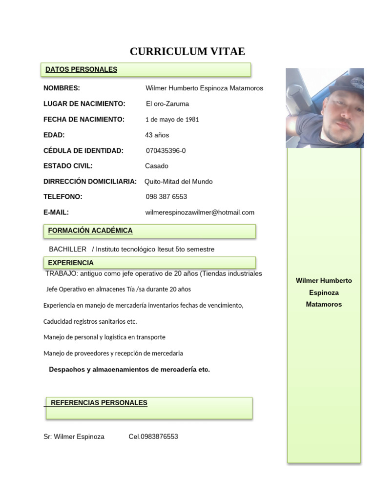 Hoja de Vida Wilmer Espinoza Matamoros 2 | PDF