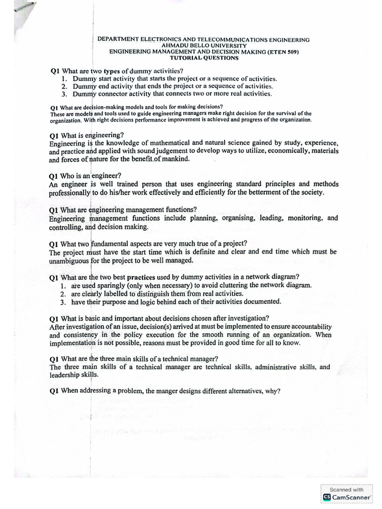 ETEN 509 Tutorial Questions by Prof. Tek | PDF