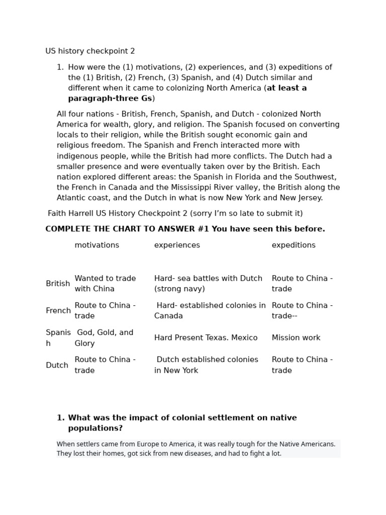 Faith Harrell US History Checkpoint 2 | PDF | Spanish Empire | British ...