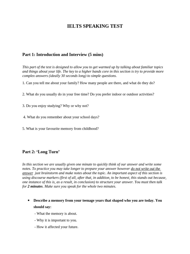Ielts Practice Speaking Test 1 | PDF | Linguistics | Grammar