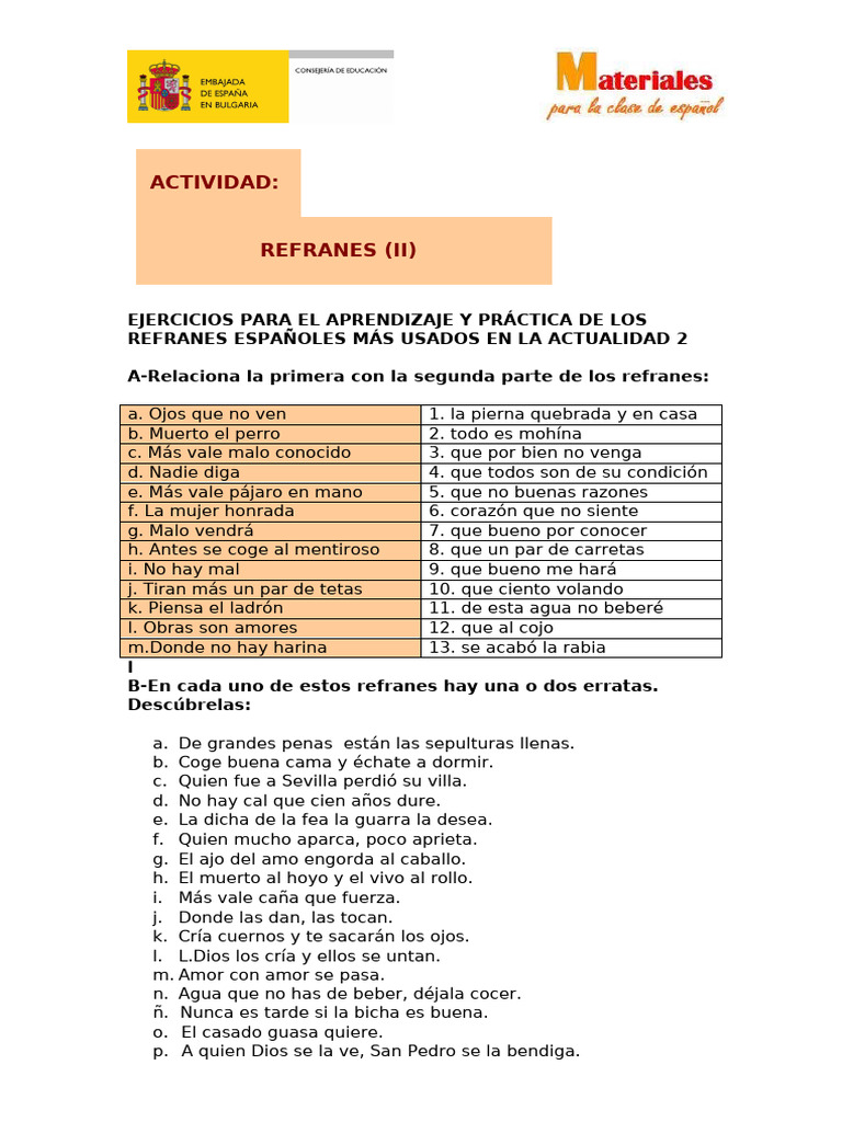 Ejercicios Refranes | PDF