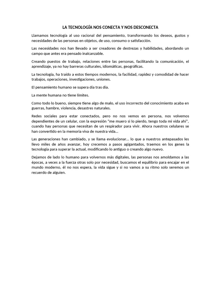 Tecnología: Conexión y Desconexión Humana | PDF