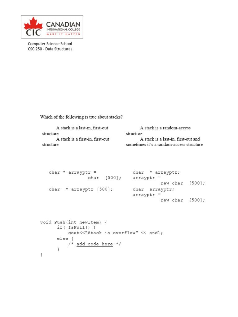 CSC 250 - Data Structure - Quiz Sample Questions | PDF | Software Development | Computer Science