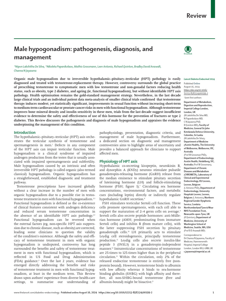 Male Hypogonadism Pathogenesis, Diagnosis, and Management | PDF ...