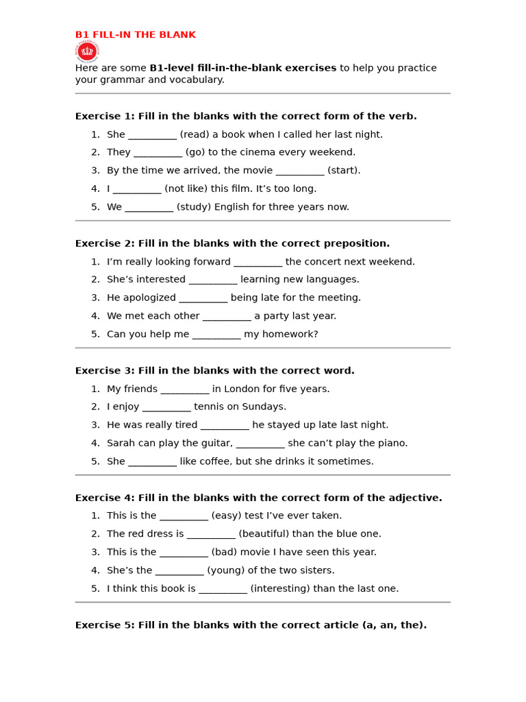 B1 Fill-in-the-Blank Exercises | PDF