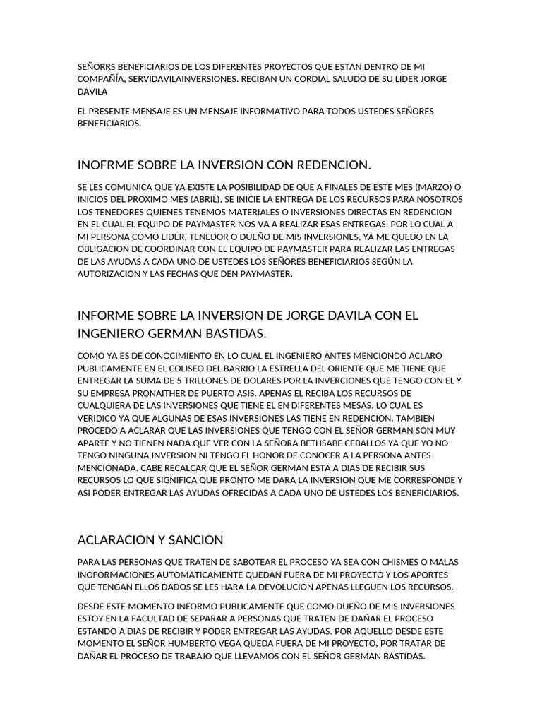 Informe sobre Inversiones y Entregas | PDF