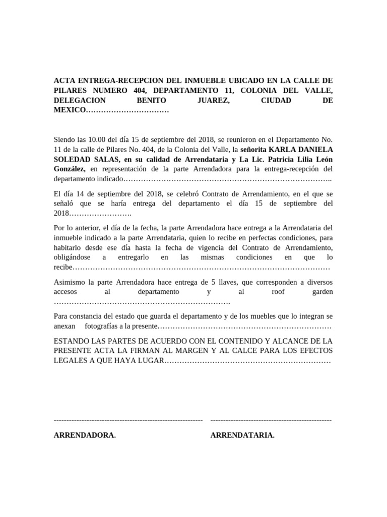 Acta de Entrega-Recpeción Del Departamento de Pilares. | PDF