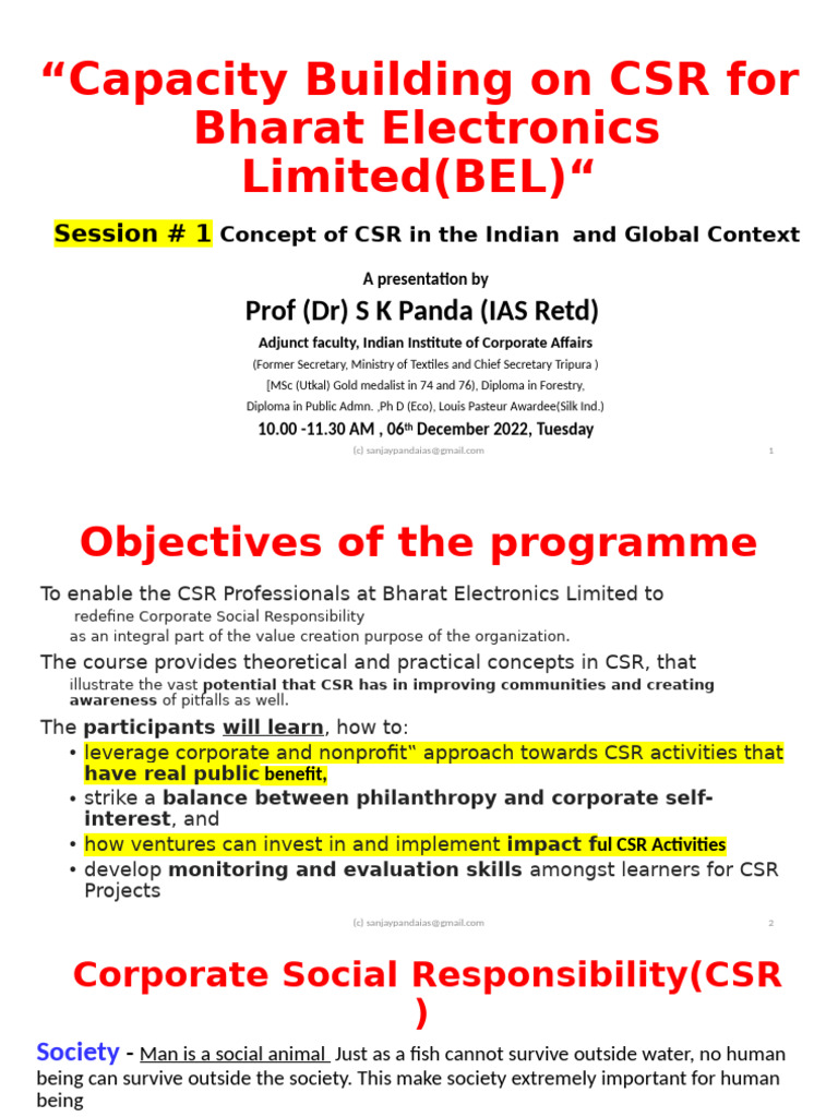 CSR Capacity Building for BEL Professionals | PDF | Corporate Social ...