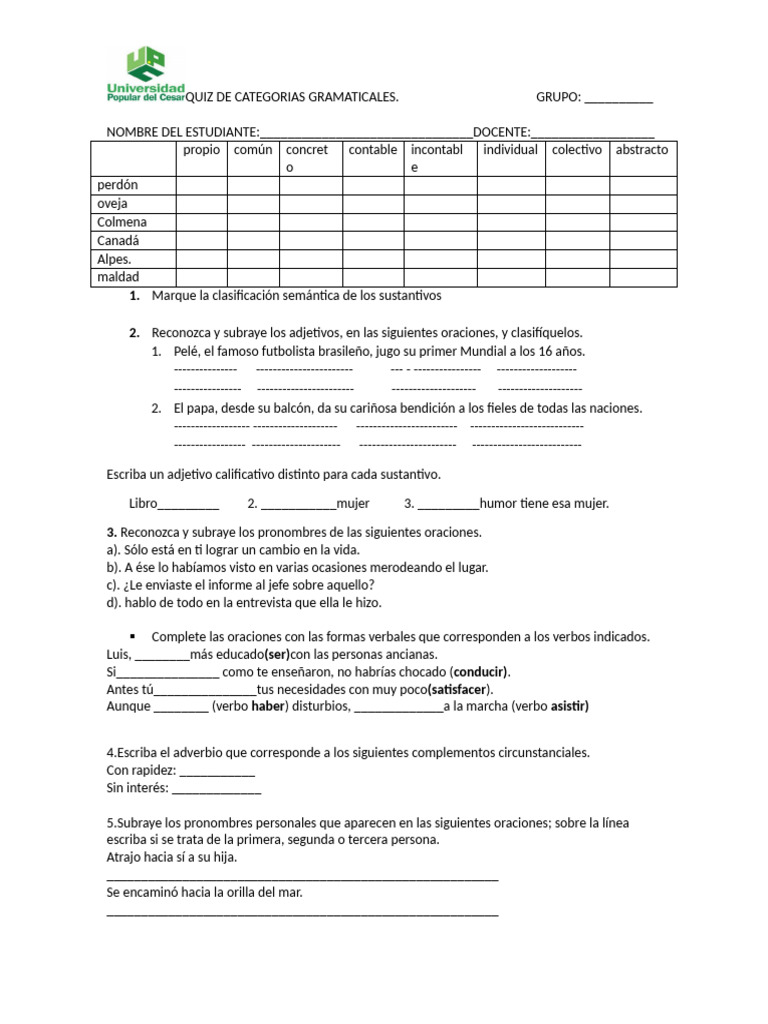 QUIZ DE CATEGORIA GRAMATICALES. 2025-l-ll | PDF