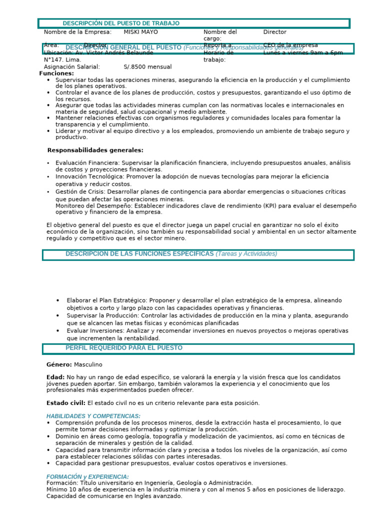 perfil de puesto miski mayo | PDF | Business | Presupuesto