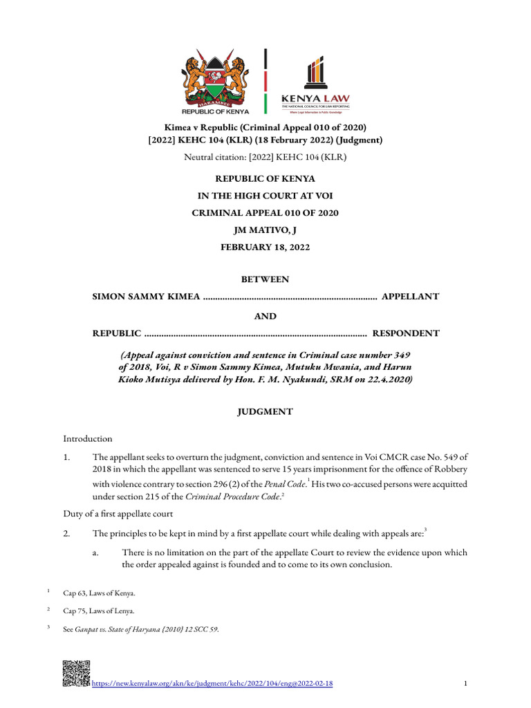 Kimea v Republic: 2022 Criminal Appeal Judgment | PDF | Witness | Justice
