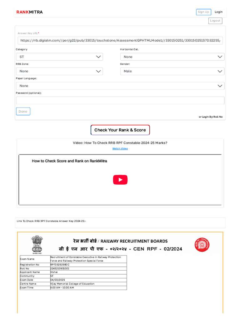RRB RPF Constable 2024-25 Marks, and Rank Calculator by Answer Key URL ...