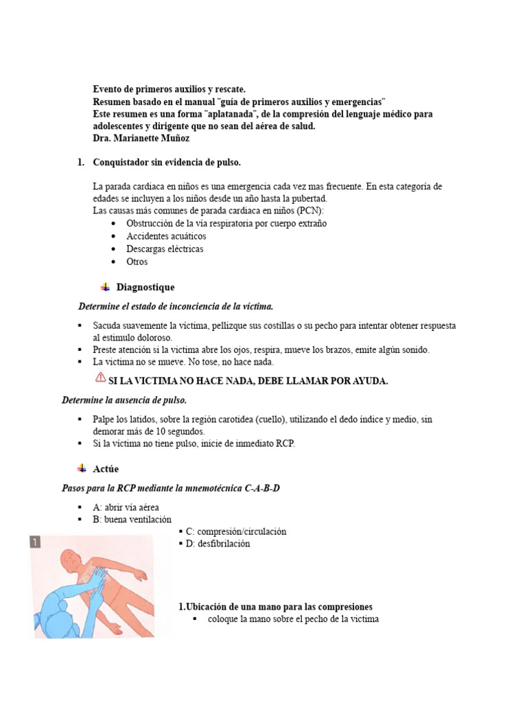 Evento de Primeros Auxilios Resumen | PDF | Reanimación cardiopulmonar | Herida