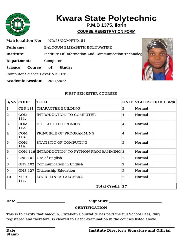 Kwara State Polytechnic Course Registration Form | PDF