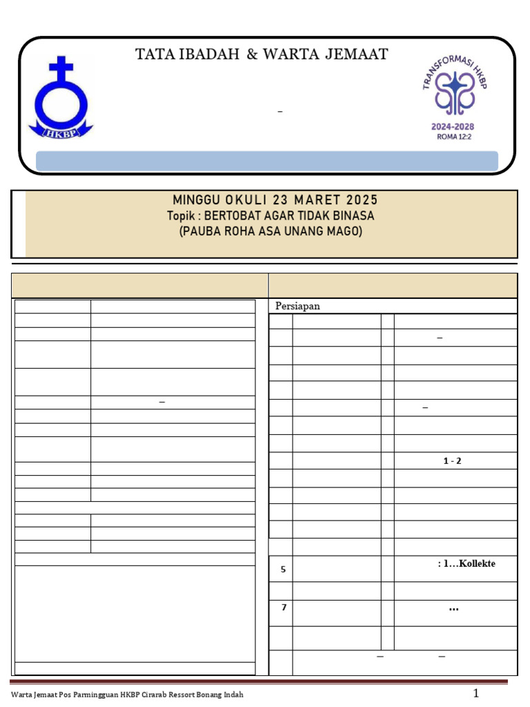 Tata Ibadah & Warta HKBP Pos (Parmingguan) Cirarab 23 Maret 2025 | PDF