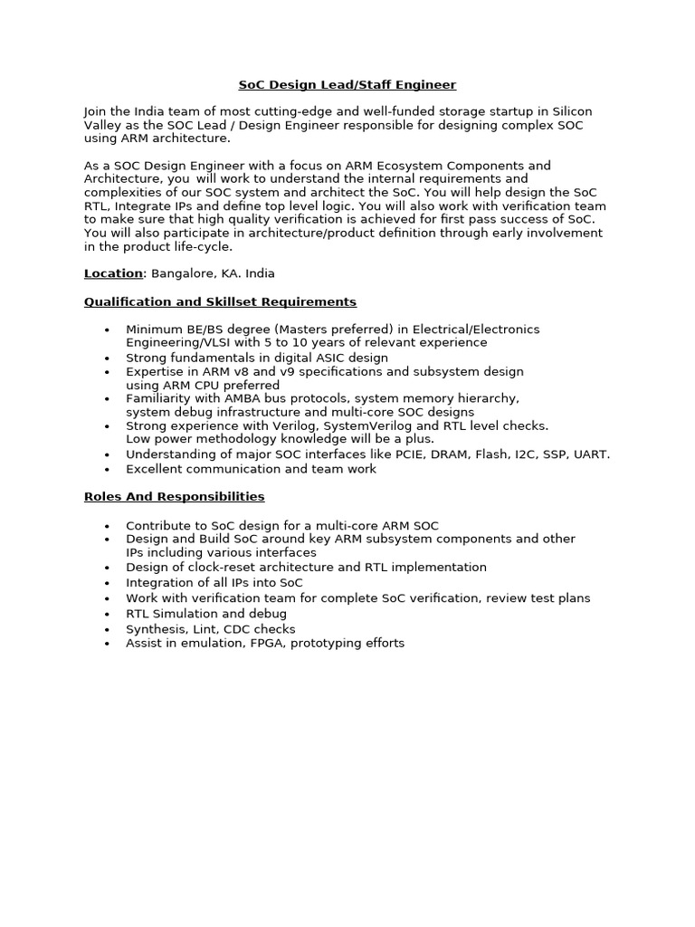SR SoC Design Engineer JD | PDF